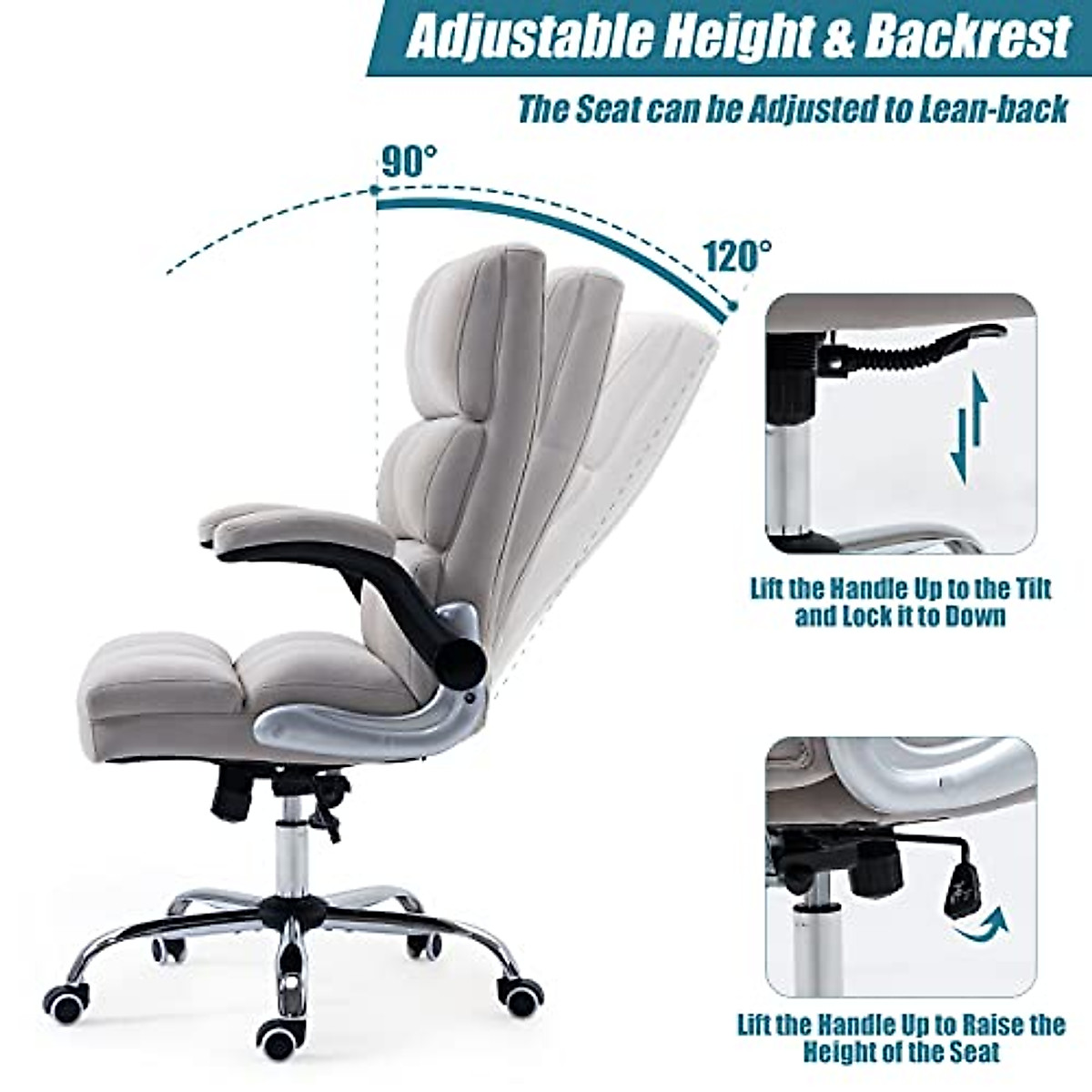 AVAWING Velvet Office Chair w/Wheels, Executive Computer Desk Chair w/Adjustable Tilt Angle and Flip-up Arms, High-Back Ergonomic Padding Chair, Grey