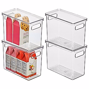 mDesign Slim Plastic Stackable Kitchen Cabinet Storage Bin Box, Handles and Lid - Fridge, Cabinet, Counter Organizer for Snacks, Food, Drinks, or Supplies, Ligne Collection, 4 Pack, Clear