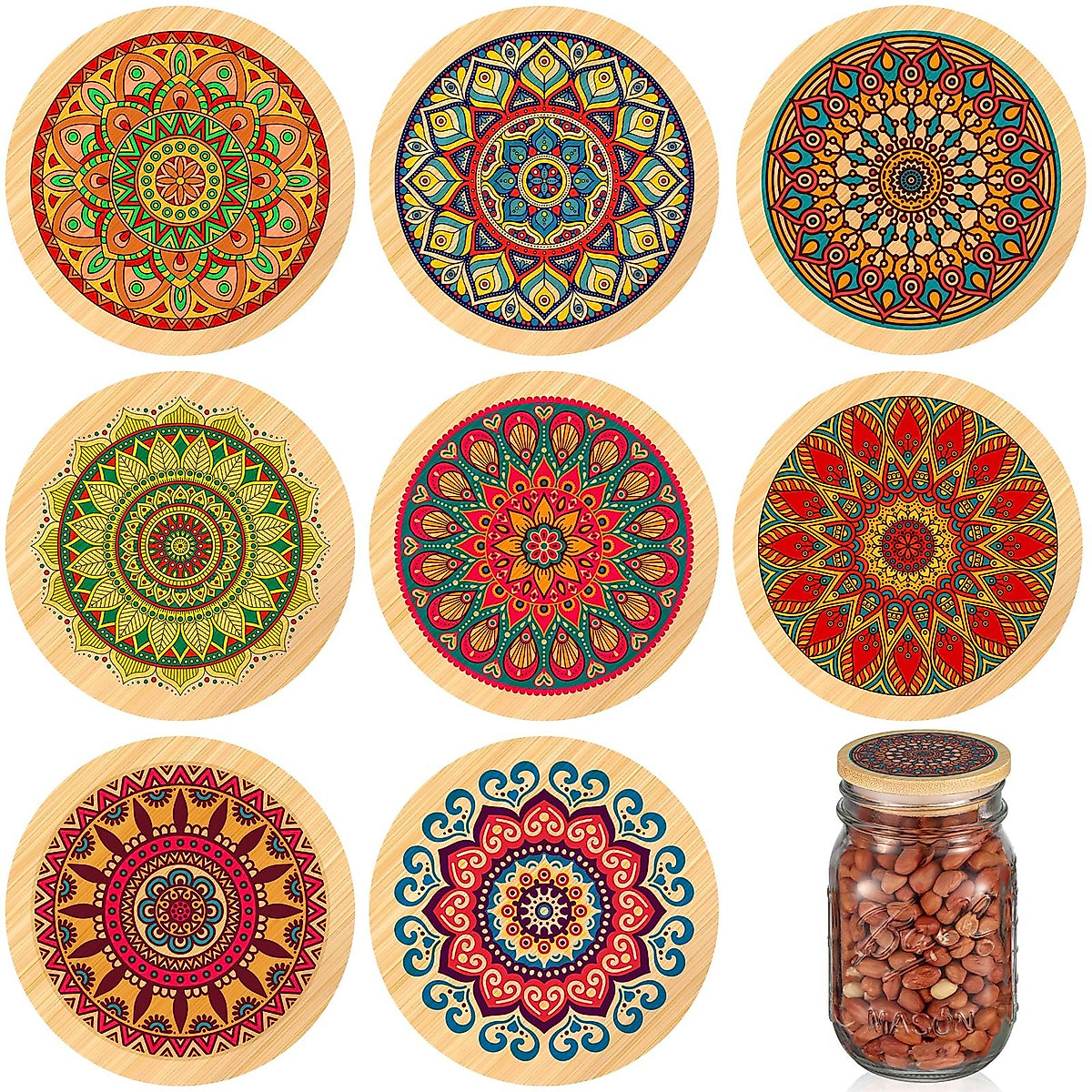 Beeveer 8 Pcs Bamboo Mason Jar Lids Regular Mouth Storage Yogurt Jar Lids with Airtight Silicone Sealing Rings Reusable Round Canning Lids(2.76 Inch)