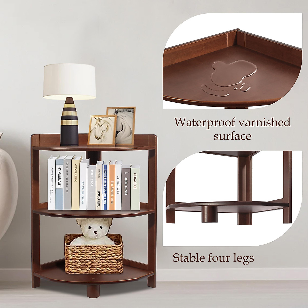 DOUSY 3 Tier Bamboo Corner Bookshelf, Mid Century Modern Corner Shelf, 24" Short Corner Bookcase with Storage Display Rack for Living Room, Bedroom, Home Office