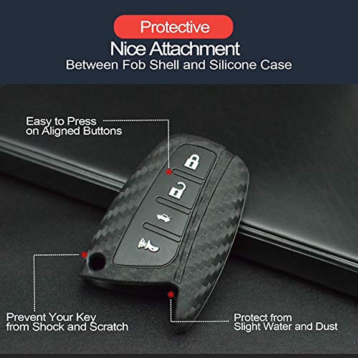 2pcs Compatible with Hyundai Smart 4 Buttons Carbon Fiber Looks Silicone FOB Key Case Cover Protector Keyless Remote Holder for 2018 2017 2016 2015 2014 2013 Hyundai Santa Fe XL Genesis Azera Equus