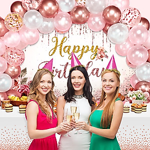 72 Pieces Birthday Decorations for Women Girls Included Backdrop Tablecloths Balloons Floral Garland Happy Birthday Party Supplies for Ladies Birthday Party Decor (Rose Gold)