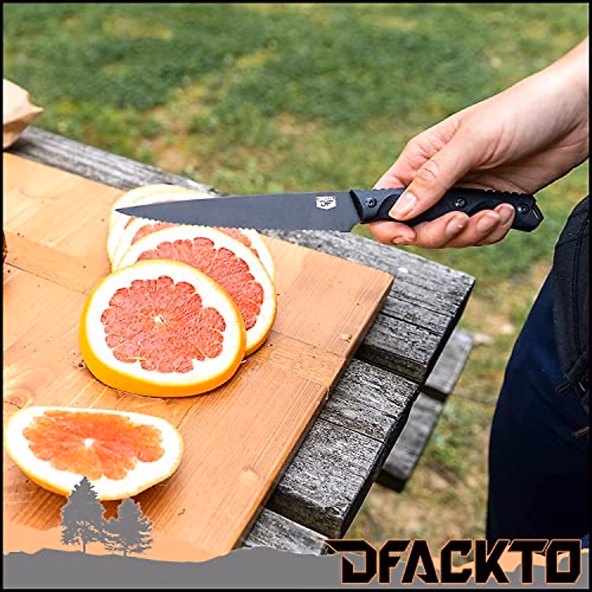 DFACKTO Interceptor 6 Inch Serrated Utility Knife for Camping and Outdoor Kitchen, Stonewashed High Carbon Stainless Steel Black Knife, Full Tang Tactical G10 Handle, BBQ Utensil Cutlery