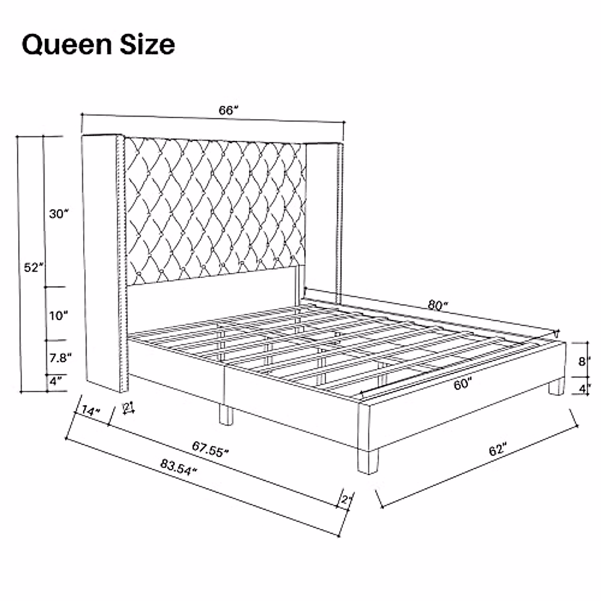 NHI Express Contemporary Velvet Upholstered Deep Button Tufting Solid Frame Platform Bed with Wood Slats King/Queen Size, Silver