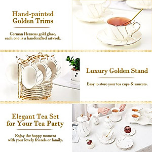 DUJUST 22 pcs White Porcelain Tea Set for 6, Luxury British Style Tea/Coffee Cup Set with Golden Trim, Beautiful Tea Set for Women, Tea Party Set, Gift Package (Including a Stand) - White