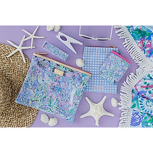 Lilly Pulitzer Water Resistant Vinyl Beach Day Pouch, Zipper Bag Includes Drink Hugger, Small Pouch, and Towel Clips, Soleil It On Me