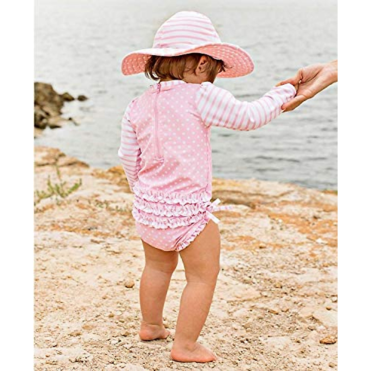 RuffleButts Pink Polka and Stripe Reversible Swim Hat - 3T-5