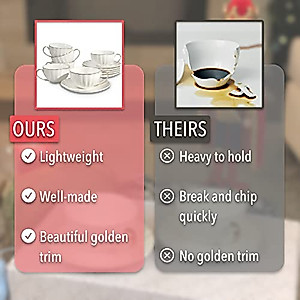 BTaT- Tea Cups and Saucers, Set of 6 (7 oz) with Gold Trim and Gift Box, Cappuccino Cups, Coffee Cups, White Tea Cup Set, British Coffee Cups, Porcelain Tea Set, Latte Cups