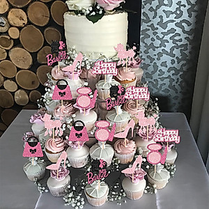 30 Pack Princess Cupcake Toppers Glitter Happy Birthday Lipstick High Heel Bag Cupcake Picks for Baby Shower Bridal Shower Wedding Princess Birthday Anniversary Theme Party Cake Decorations Pink Black