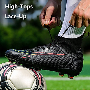 HHY Men's Soccer Cleats Football Shoes High-Tops Non-Slip Spikes Breathable Firm Ground Turf Running Workout Boots Black EU 41