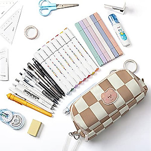 Joyask Large Capacity Canvas Pouch Storage Bag with Removable Spring Strap Checkerboard Plaid for Office Work Art (Brown White Plaid)