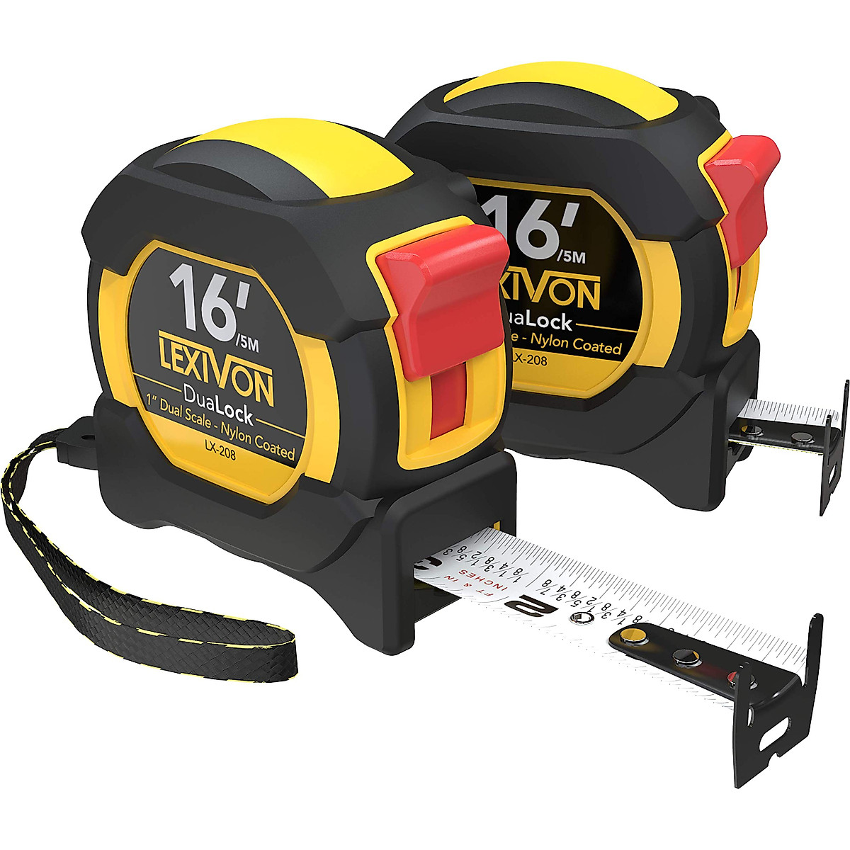 LEXIVON [2-Pack] 16Ft/5m DuaLock Tape Measure | 1-Inch Wide Blade with Nylon Coating, Matt Finish White & Yellow Dual Sided Rule Print | Ft/Inch/Fractions/Metric (LX-208)