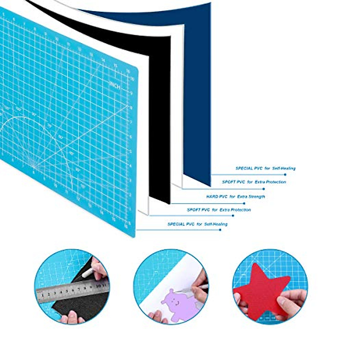 AIRGAME Self Healing Cutting Mat 18"x12" Non-Slip PVC Double Sided 5-Ply A3 Art Craft Rotary Cutting Mat for Quilting, Sewing Crafts Hobby Fabric Precision Scrapbooking Project(Blue/Light blue)