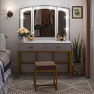 Semiocthome White Makeup Vanity Desk with Mirror and Lights, Make Up Vanity with Power Strip, 39.4" W Vanity Table with 2 Drawers and Stool for Girls, Vanity Set with Gold Metal Frame for Bedroom