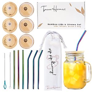 Tawa Homes Bamboo Mason Jar Lids with Straw Hole - 70 mm Lids for Beer Can Glass Cups with Silicone Straw Hole Plug 16 oz - 6 Pcs Regular Mouth Lid with 6 Stainless Steel Straw, 2 Cleaning Brush & Bag