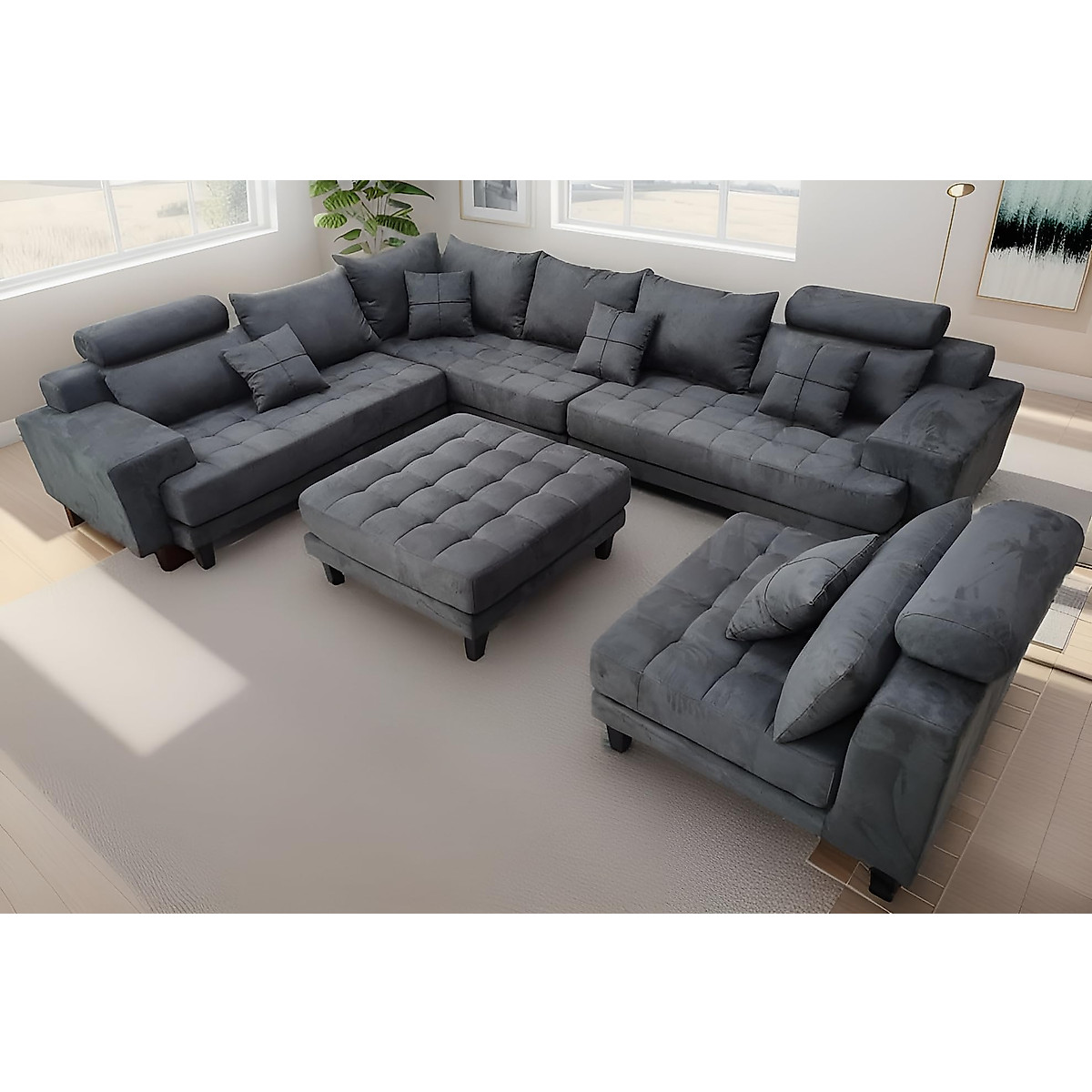Stendmar 5-Piece L Shape/U Shape Living Room High Back with Headrest Reversible Contemporary Dark Grey Microfiber Fabric Sectional Couch Sofa Set S150D5A