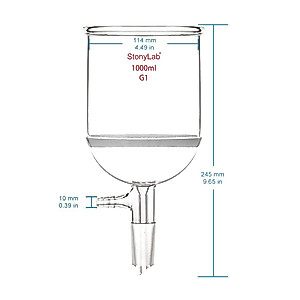 StonyLab Borosilicate Glass Buchner Filtering Funnel with Coarse Frit(G1), 113mm Inner-Diameter, 110mm Depth, with 24/40 Standard Taper Inner Joint and Vacuum Serrated Tubulation (1000ml)
