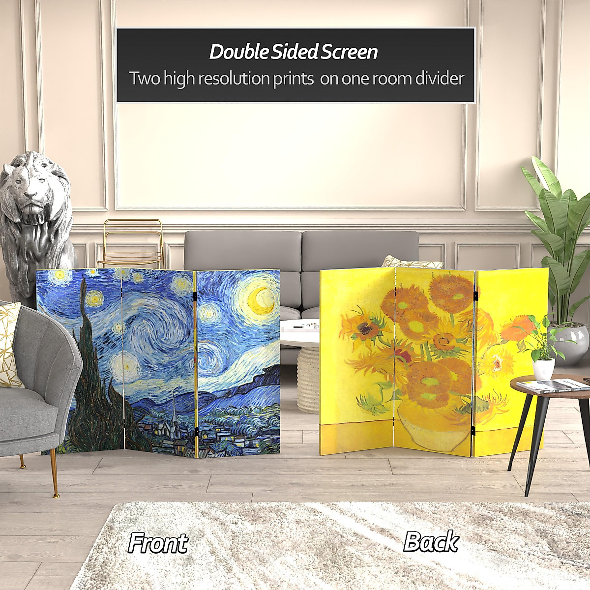 Red Lantern 3 ft. Short Double Sided Works of Van Gogh Canvas Starry Night/Sunflowers Folding Screen, 3 Foot, 3 Panel, Multicolor