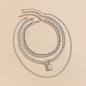 Jumwrit Chunky Chain Necklace Punk Layered Choker Necklaces Cuban Link Chain Necklace with Lock Pendant Necklace Statement Necklace for Women（Silver）