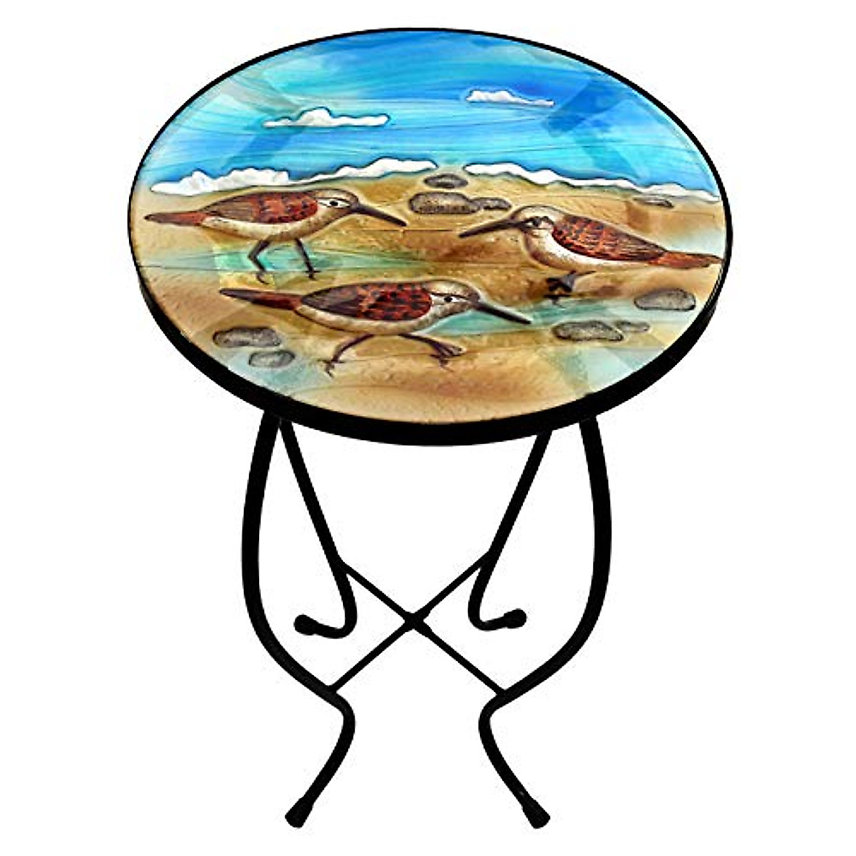 Glass Top Hand Painted Nautical Outdoor Accent Side Round Table (Sandpipper)