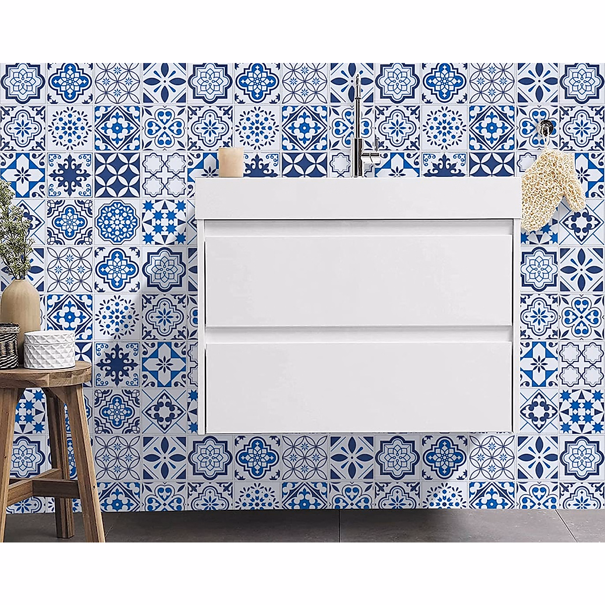 197"x 17.7"Blue Pattern Contact Paper Glossy Surface Waterproof Contact Paper Decorative Self Adhesive for Kitchen Bathroom Counters Removable Counter Paper Peel and Stick Wallpaper Easy to Clean