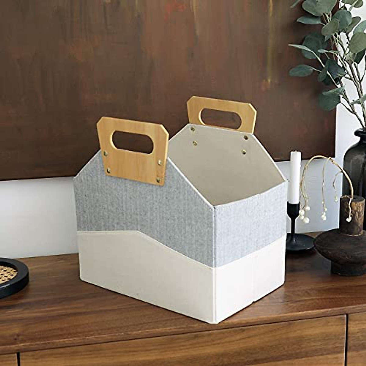 LA JOLIE MUSE Mid-Century Modern Storage Basket Set of 3 Lidded & Modern Magazine Basket with Bamboo Handles
