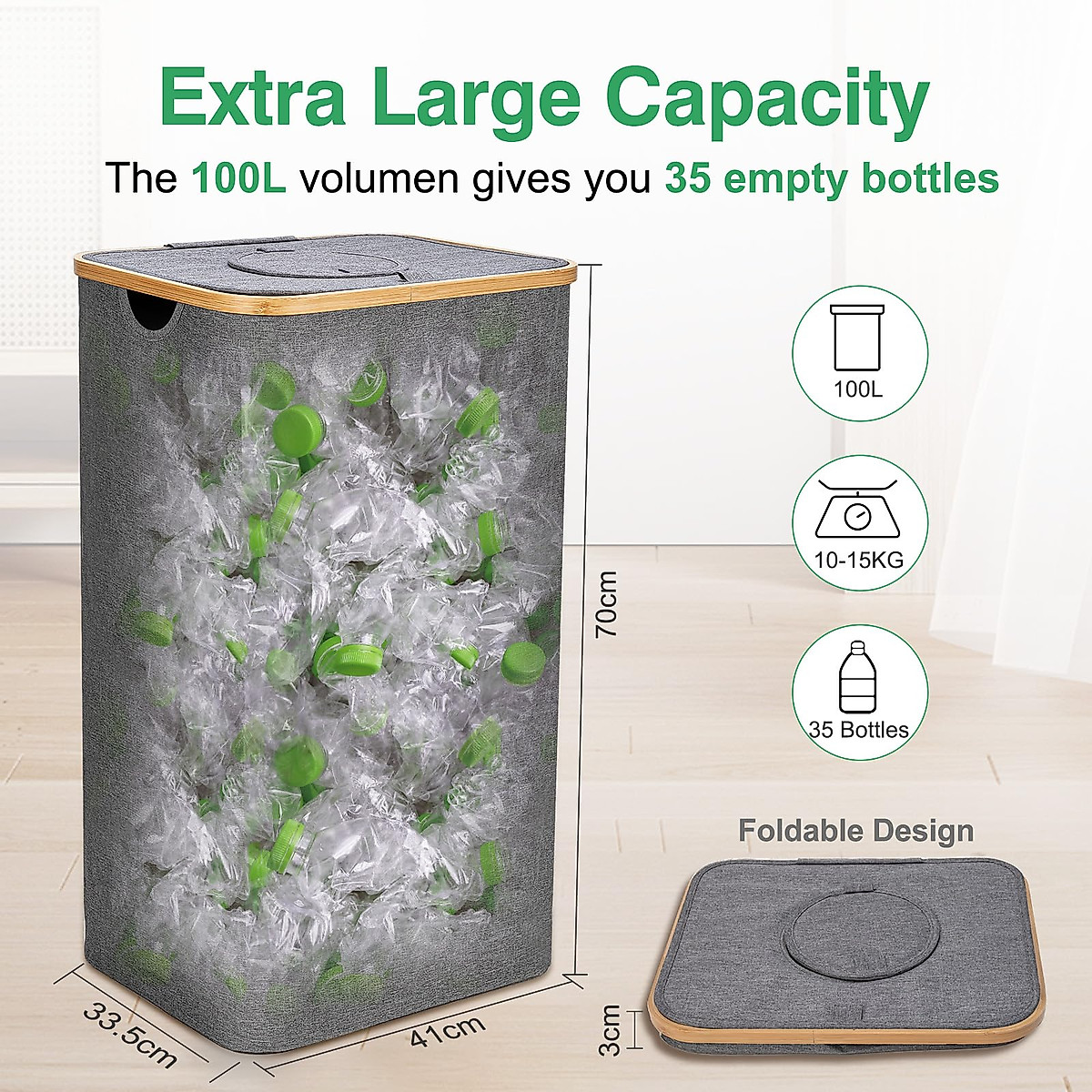 Recycling Bin,100L Recycling Bin for Kitchen Indoor Home,Bottle Recycle 26Gallon Large Capacity With Removable Tote Bag, Collecting Glass Paper Plastic Metal Empty Bottles,Recycle Bin Zip-Top Can