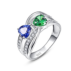 Merthus 6x6mm Heart Shape Simulated Emerald & Tanzanite 925 Sterling Silver Double Heart Promise Ring for Women Size 7