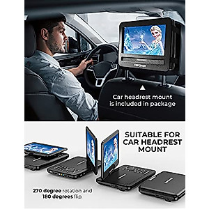 DBPOWER 12" Portable DVD Player with 5-Hour Rechargeable Battery, 10" Swivel Display Screen and SD/ USB Port, with 1.8m Car Charger, Power Adaptor and Car Headrest Mount, Region Free (Black)
