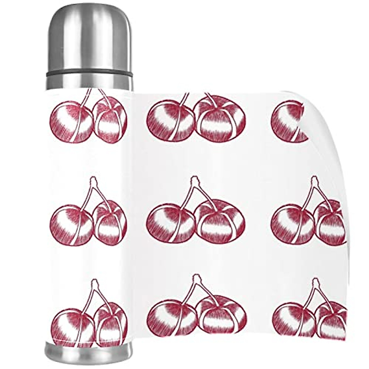 Stainless Steel Leather Vacuum Insulated Mug Cherries Thermos Water Bottle for Hot and Cold Drinks Kids Adults 16 Oz