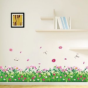 Amaom® Removable Beautiful Nursery Pink Butterfly Flowers Baseboard Wall Decals Murals Home Art Decor Peel Stick Wall Stickers for Wall Corner Kids Room Bedroom Living Room Decorations