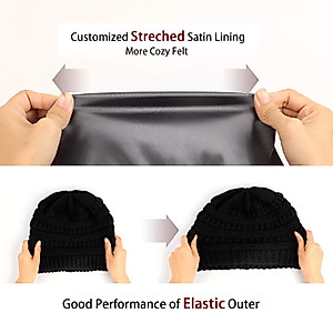 Winter Knit Beanie Hat for Women Men Satin Lined Cable Thick Slouchy Warm Cap Black