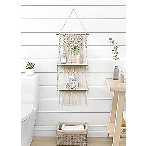 SUMGAR Macrame Wall Hanging Shelves 2 Tier - Boho Hanging Plant Shelf for Wall, Wood Color Woven Rope Floating Shelf, Boho Shelf Window, Bedroom, Bathroom Indoor Wall for Mother's Day, Birthday
