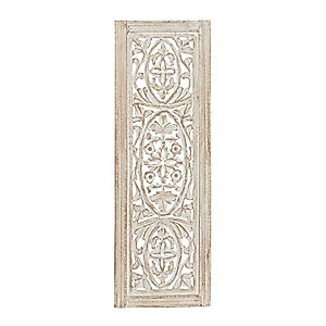 Deco 79 Mango Wood Floral Handmade Intricately Carved Arabesque Wall Decor, 12" x 1" x 36", Cream White