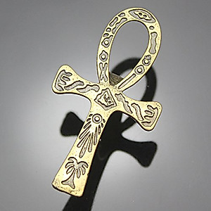 RechicGu Vintage Gold Egyptian Ancient Ankh Key of Life Cross Ring Cleopatra Adjustable Band Ankara Hieroglyphic Carved Symbol of Protection Amulet Jewelry