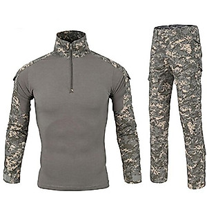 JSFOIRYROU Mens Tactical Combat Shirt & Pants Set Long Sleeve Army Camo Hunting Multicam BDU Hunting Military Uniform 1/4 Zip (Gray-camo,Medium)