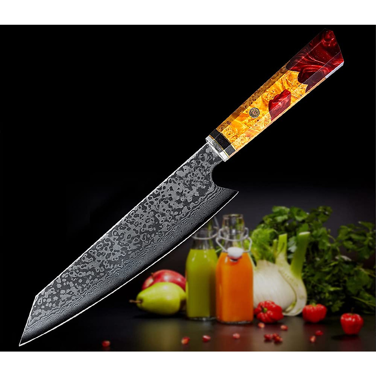 I.B.O Damascus steel kitchen knife 8 inch Japanese chef kitchen knife stabilized wood resin cured wood octagonal handle