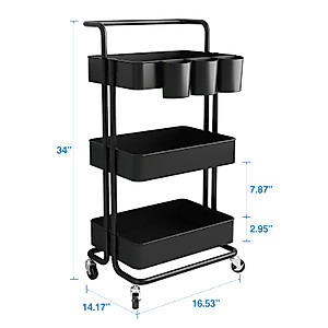 AIYAKA 3-Tier Rolling Utility Storage Cart, Multifunction Trolley Service Cart, with Mesh Basket Handles and Wheels, for Bathroom, Kitchen, Office, Black