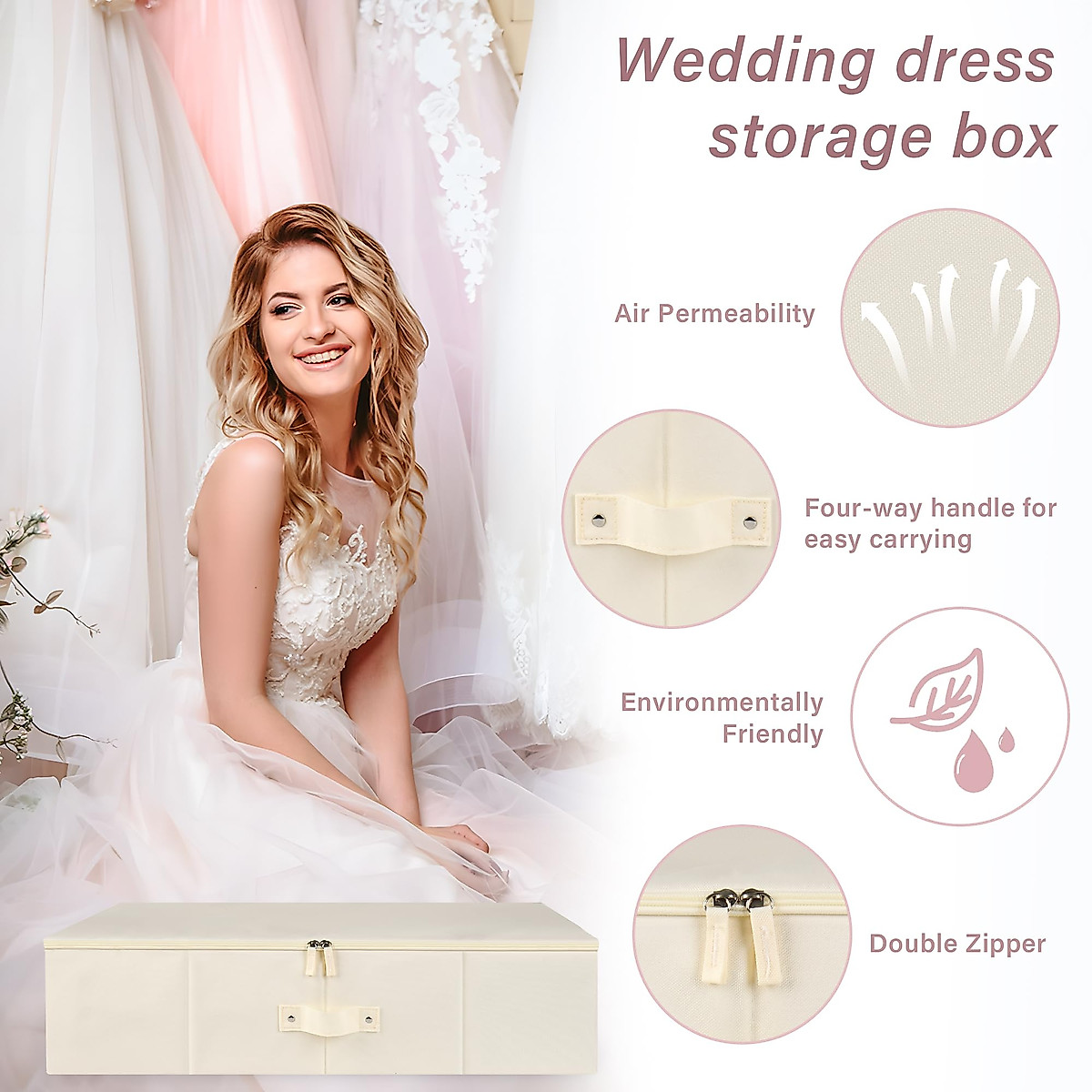 Wedding Dress Storage Box - Wedding Dress Preservation Box with 1 Pair Microfiber Gloves and 20 Sheets of Acid Free Tissue Paper, Bridal Essentials, Heirloom Breathable Wedding Keepsake Box (Beige)