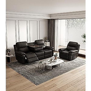 Breathable Leather Upholstered Power Motion Reclining 3 Seaters Sofa Couch W/USB Port, Wireless Charger,Stainless Steel Cupholders,Drop Down Table,2 Recliner Chaises and Magazine Bag for Living Room