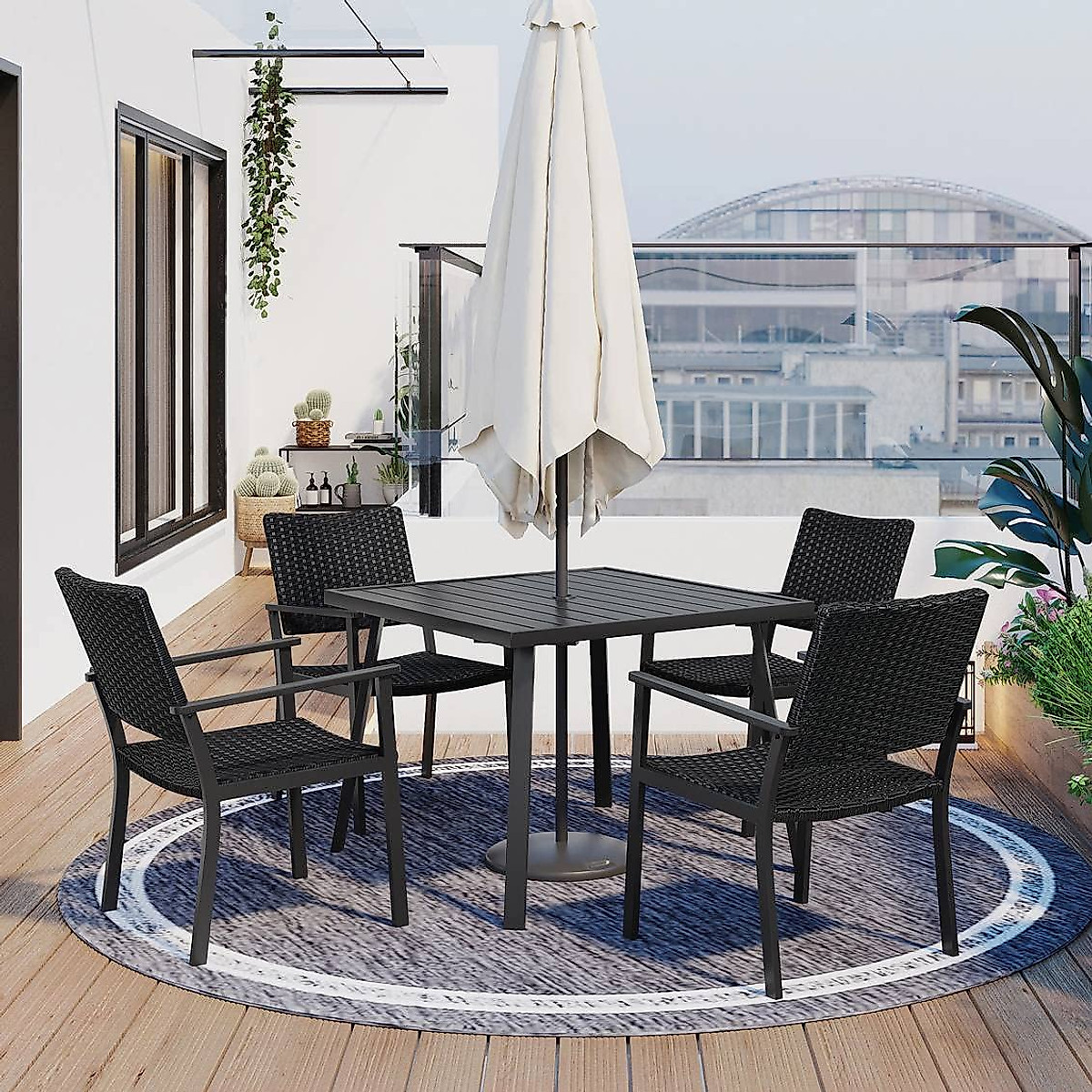 Outdoor Patio PE Wicker 5-Piece Dining Table Set with Umbrella Hole Garden