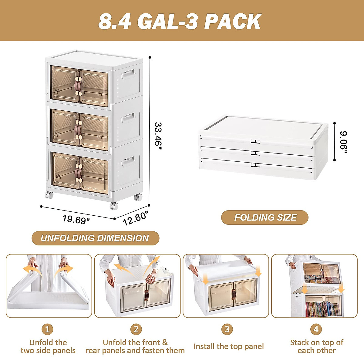 SYNCVIBE Stackable Storage Bins With Lids and Double Doors 3 Pack Plastic Storage Box Collapsible Organizer with Wheels Large Folding Storage Containers for Home Organization (3-pack, 8.4 Gal-white)