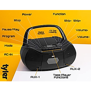 Tyler Portable CD Cassette Boombox 2022 Model CD Player Cassette Player AM/FM Combo Wireless Battery Operated or Ac -in, (2) AUX-in Ports TAU106-BK