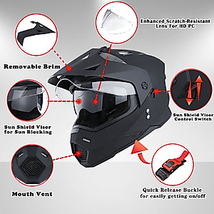 1Storm Dual Sport Motorcycle Motocross Off Road Full Face Helmet Dual Visor Matt Black, Size L