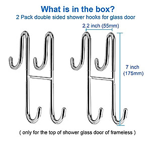 Shower Glass Door Hook, Over The Glass Shower Hook for Loofah, Squeegees, Towel Hanger for Bathroom, Double Sided 2 Pack, No Screw in Shower Hooks, Stainless Steel, Silver (Shower Door Hooks-7 inch)