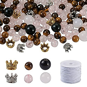 PandaHall 124Pcs Gemstone Bracelet Making Kit 8mm Natural Stone Gemstone Bead Crown Bead Tiger Eye Rose Quartz Gemstone Loose Bead & Elastic Cord for Bracelet Jewelry Making