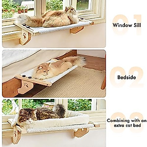AMOSIJOY Cat Sill Window Perch Sturdy Cat Hammock Window Seat with Wood & Metal Frame for Large Cats, Easy to Adjust Cat Bed for Windowsill, Bedside, Drawer and Cabinet (21.7''-White Plush)