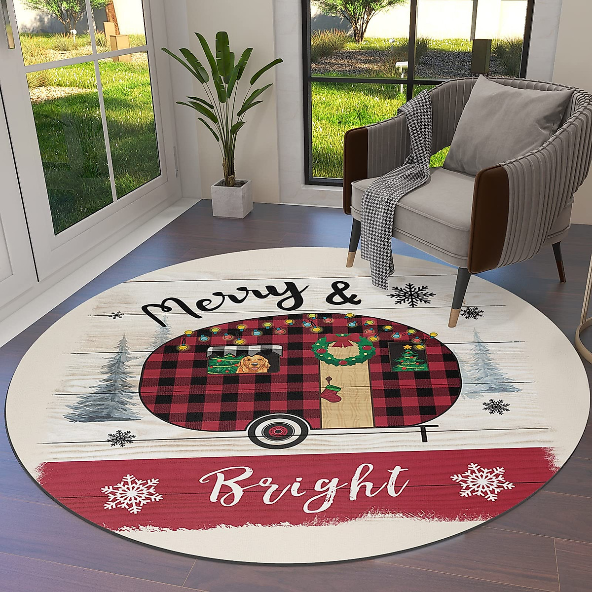 Round Area Rugs Collection 6', Merry Bright Christmas Red Camper Indoor Circular Throw Runner Rug Floor Mat Carpet for Living Room Dining Table Bedroom Nursery Decor Winter Snow Retro Farm Wood Board