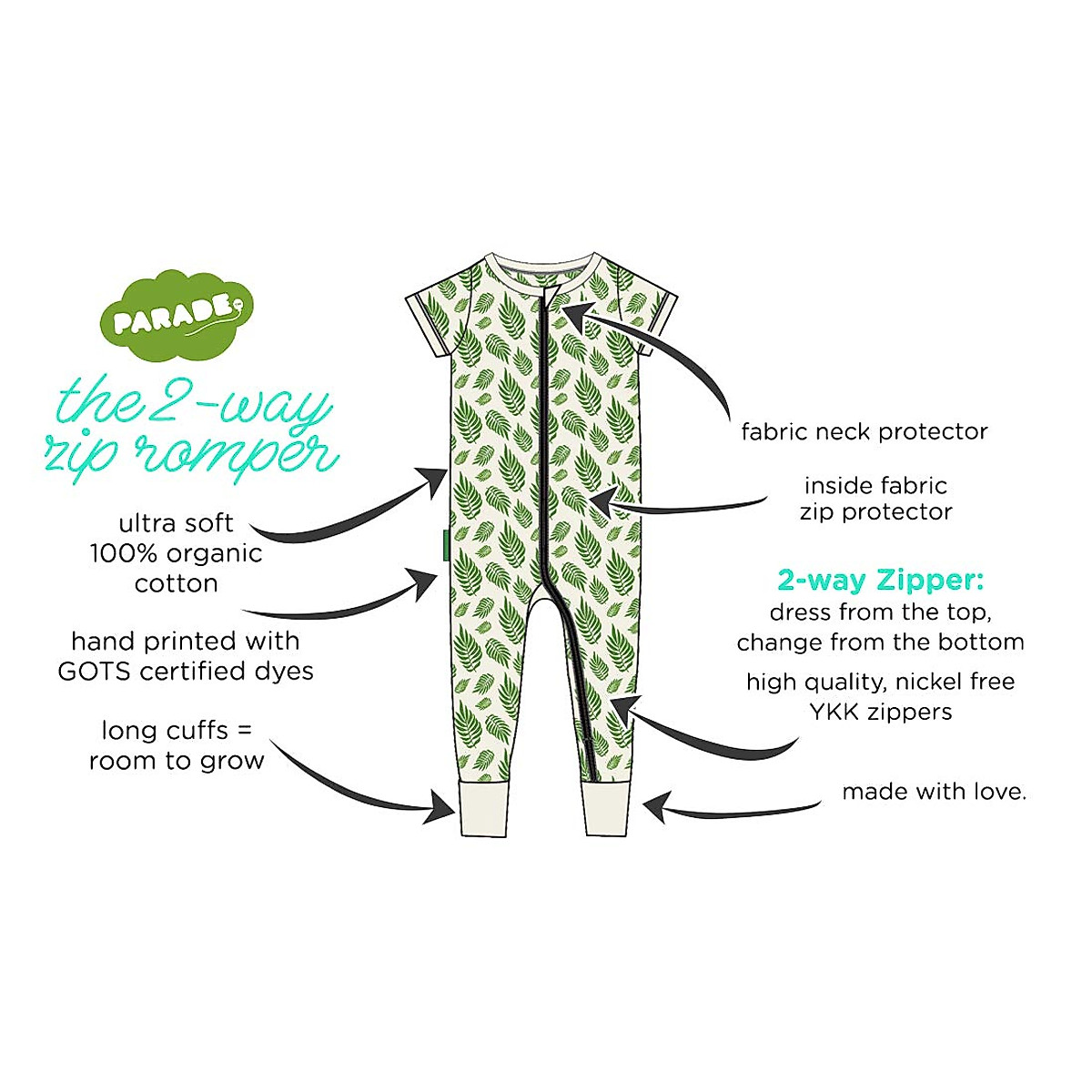 PARADE Organic Signature Print '2-Way' Zip Romper Short Sleeve Citrus 3-6 Months