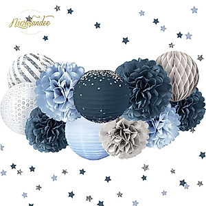NICROLANDEE Wedding Party Decorations - 12PCS Dusty Blue Tissue Pom Poms Paper Lantern 50G Glitter Confetti Party Supplies for Romantic Wedding, Bridal Shower, Baby Shower, Birthday, Special Events